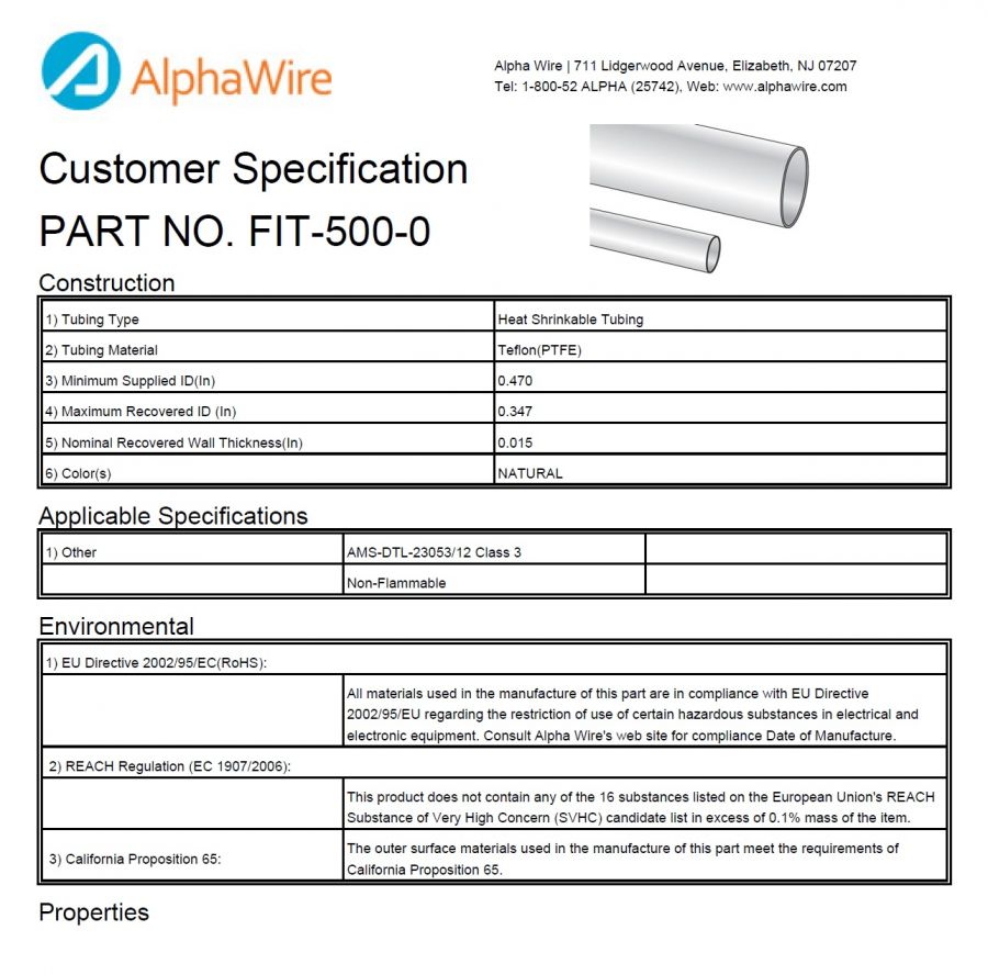ALPHA-FIT-500-0 1.5:1 PTFE -75 to 260 AMS DTL-23053/12 Class 3, CA Prop ...