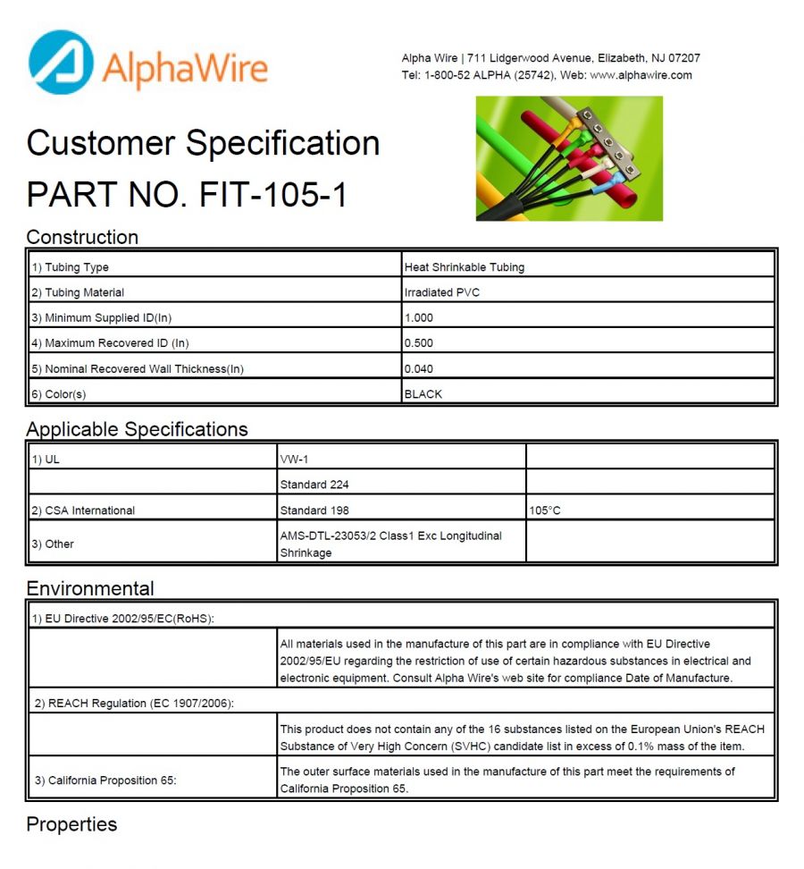 ALPHA-FIT-105-1 2:1 IRR PVC -20 to 105 CSA 198, UL 224, UL VW-1 ...