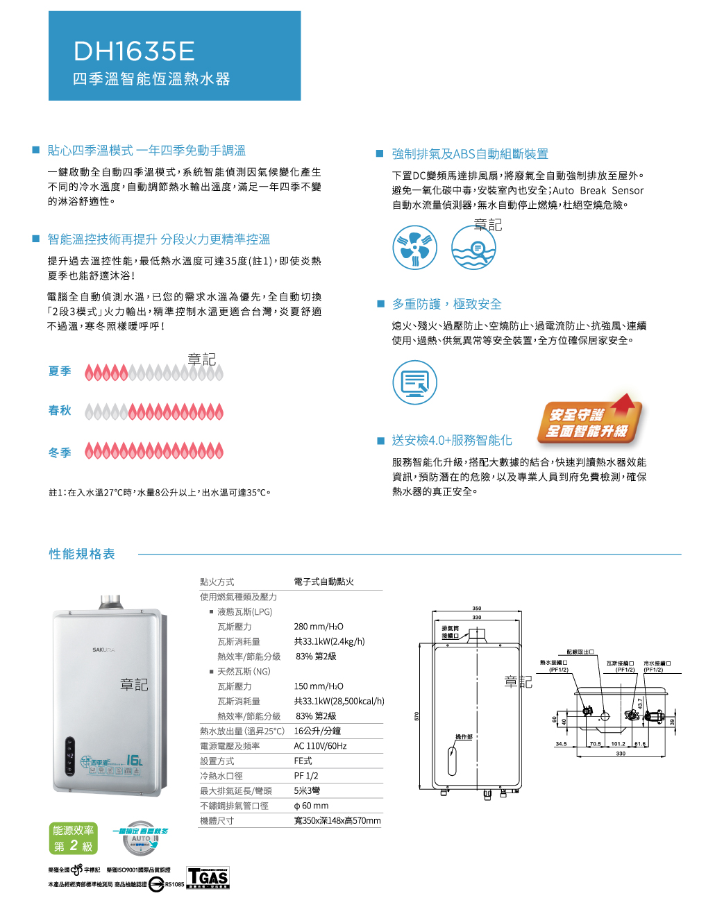 櫻花牌(SAKURA)四季溫智能恆溫熱水器(16L) DH1635E 【送免費標準安裝】