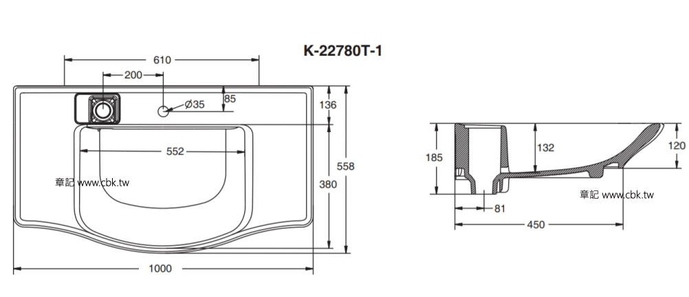 KOHLER Family Care 一體式檯面盆(100cm) K-22780T-1-0 | KOHLER章記衛廚(CBK)-衛浴廚具