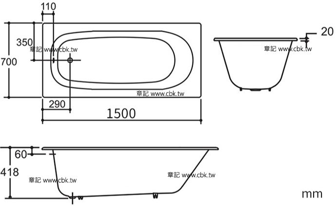 KOHLER Soissons 鑄鐵浴缸(150cm) K-941T-GR-0 | KOHLER章記衛廚(CBK)-衛浴廚具