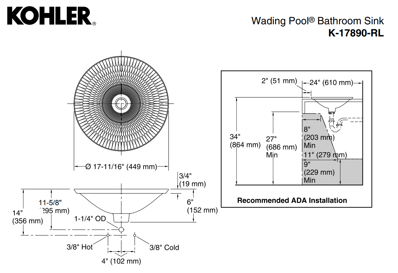 KOHLER Derring 波紋上嵌圓臉盆(44.9cm) K-17890-RL-K8 | KOHLER章記衛廚(CBK)-衛浴廚具